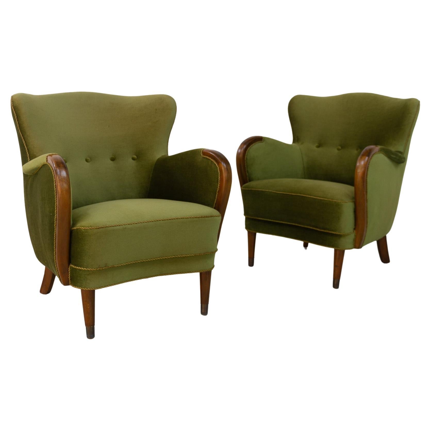 Vintage Danish Velvet Lounge Chairs, 1940s, Set of 2 For Sale at 1stDibs