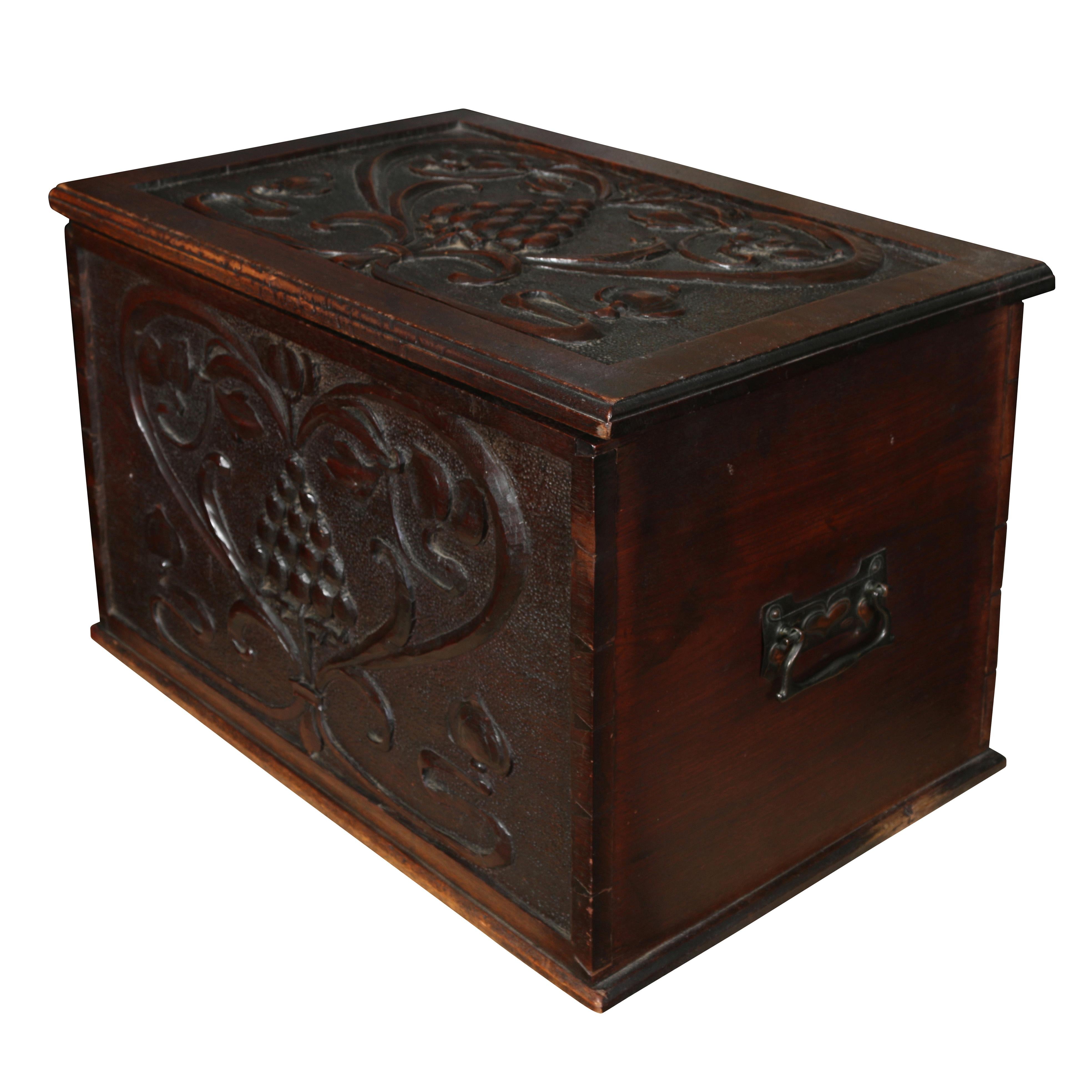 Vintage Dark Oak Box with Wrought Iron Handles For Sale at 1stDibs