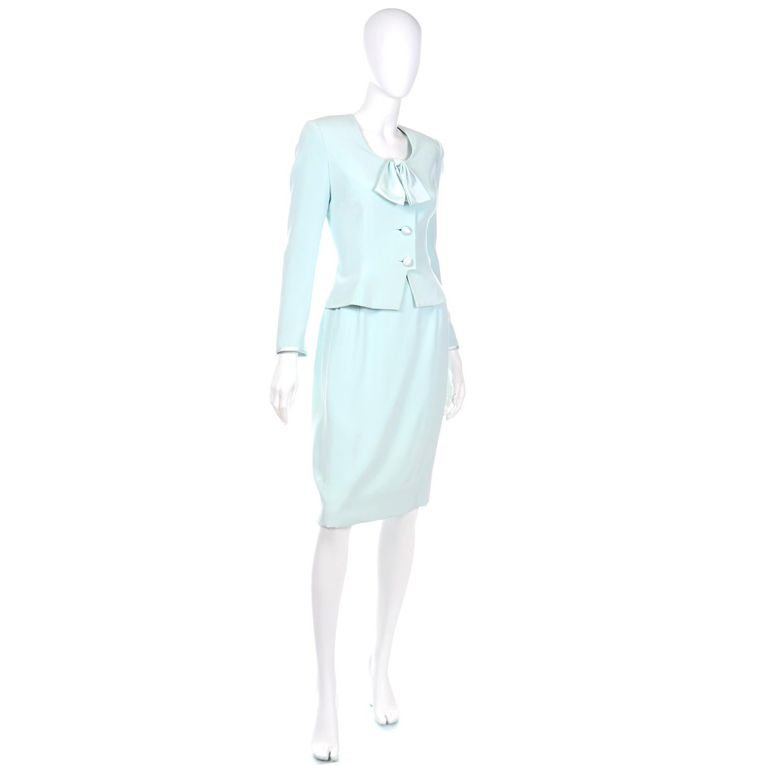 Vintage David Hayes Silk Mint Green 2 Pc Skirt and Jacket w Bow Suit at ...