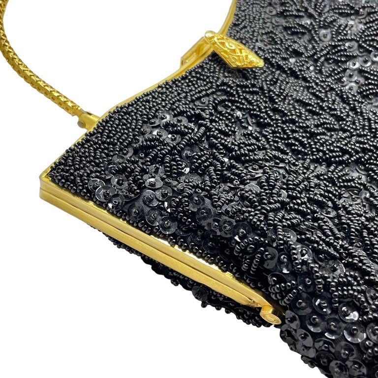 Vintage DEBBIE gold metal black beaded designer purse evening bag For ...