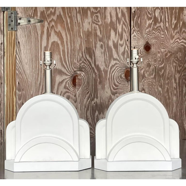 Vintage Deco Matte Glaze Arched Table Lamps, a Pair For Sale at 1stDibs