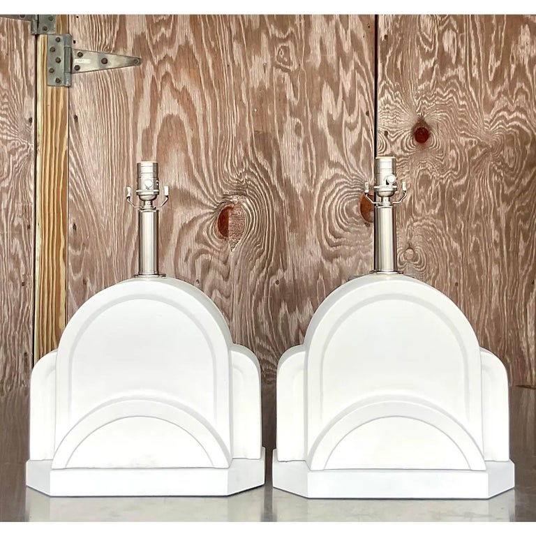 Vintage Deco Matte Glaze Arched Table Lamps, a Pair For Sale at 1stDibs