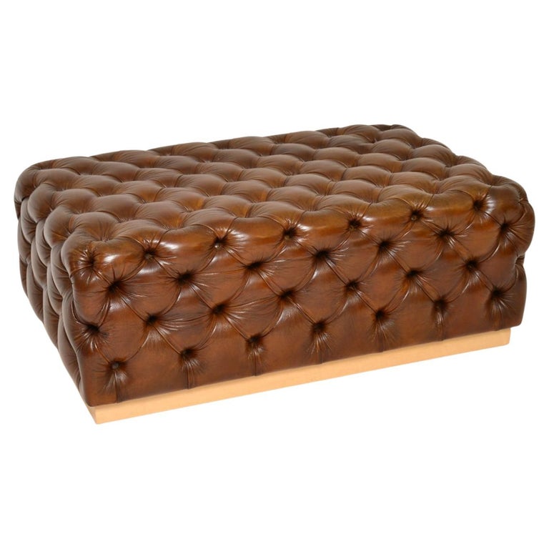 Vintage Deep Buttoned Leather Ottoman Stool For Sale at 1stDibs