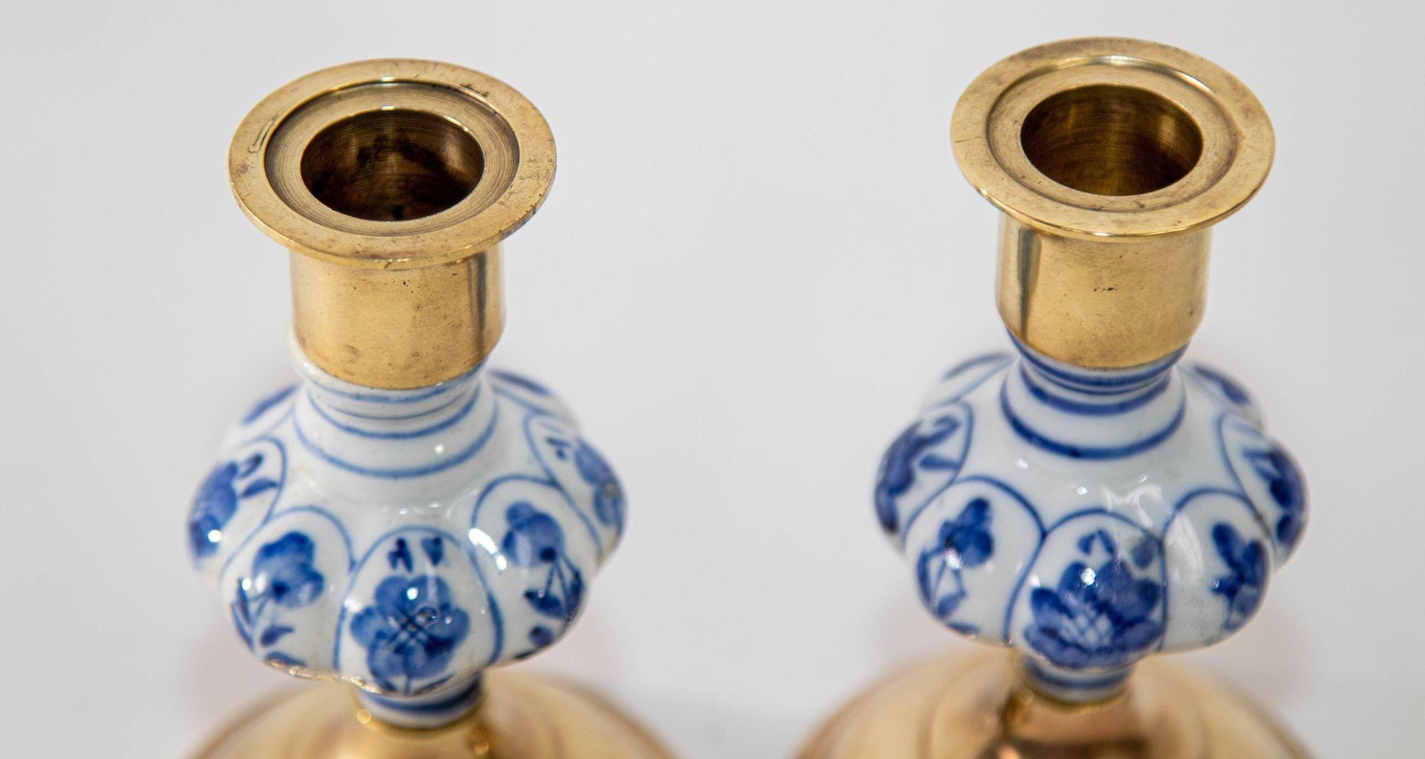 Vintage Delft Floral Blue and White Ceramic and Brass Candlesticks, a ...