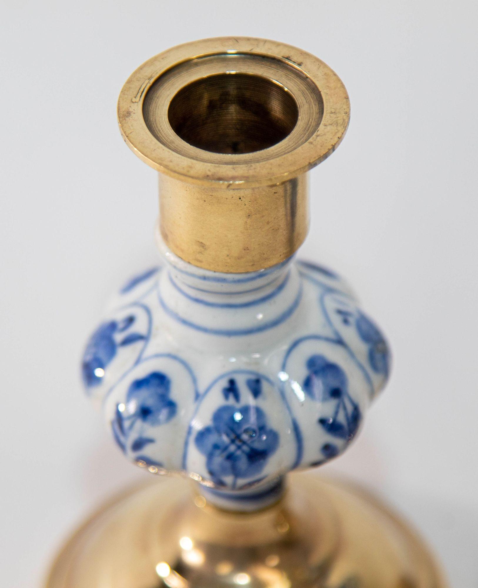Vintage Delft Floral Blue and White Ceramic and Brass Candlesticks, a ...