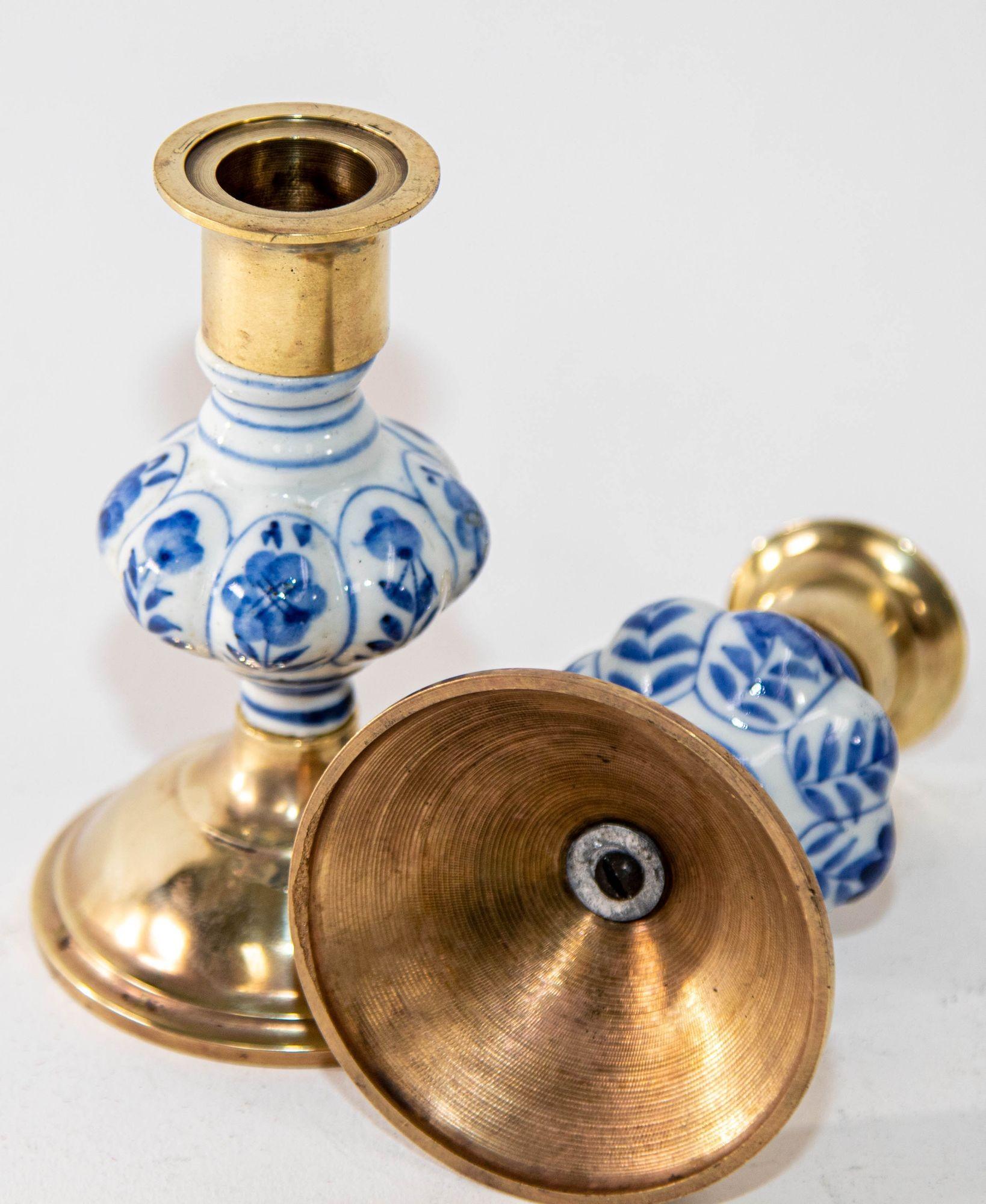 Vintage Delft Floral Blue and White Ceramic and Brass Candlesticks, a ...