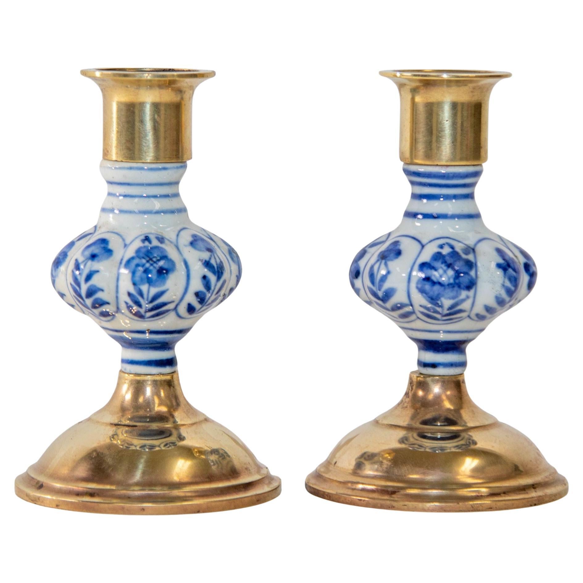 Vintage Delft Floral Blue and White Ceramic and Brass Candlesticks, a ...