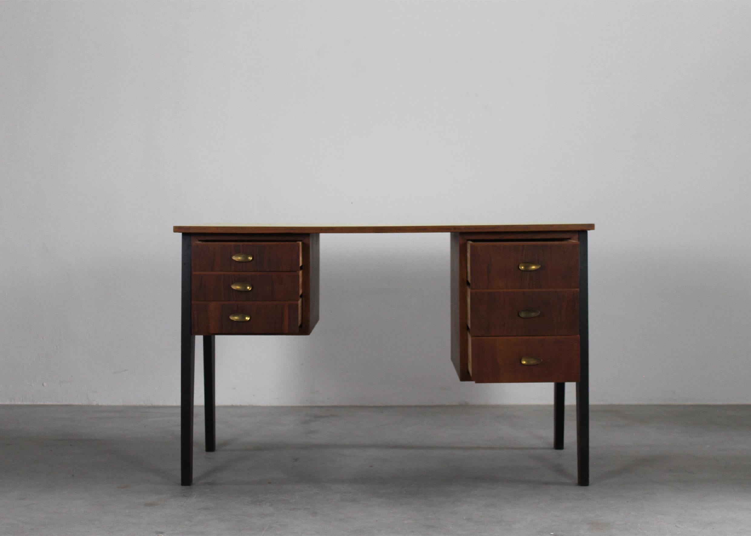 Vintage Office Desk in Wood with Yellow Top and Drawers Italian ...