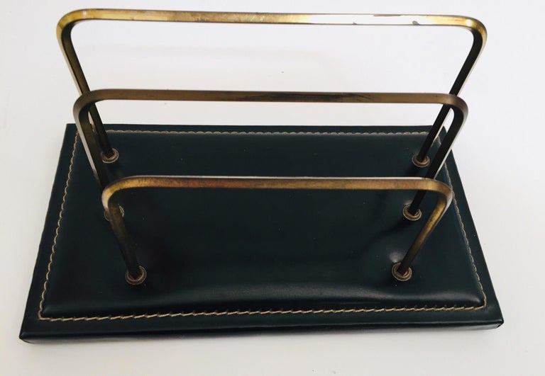Vintage Desk Set, Black Leather and Brass Letter Rack, Picture Frame ...