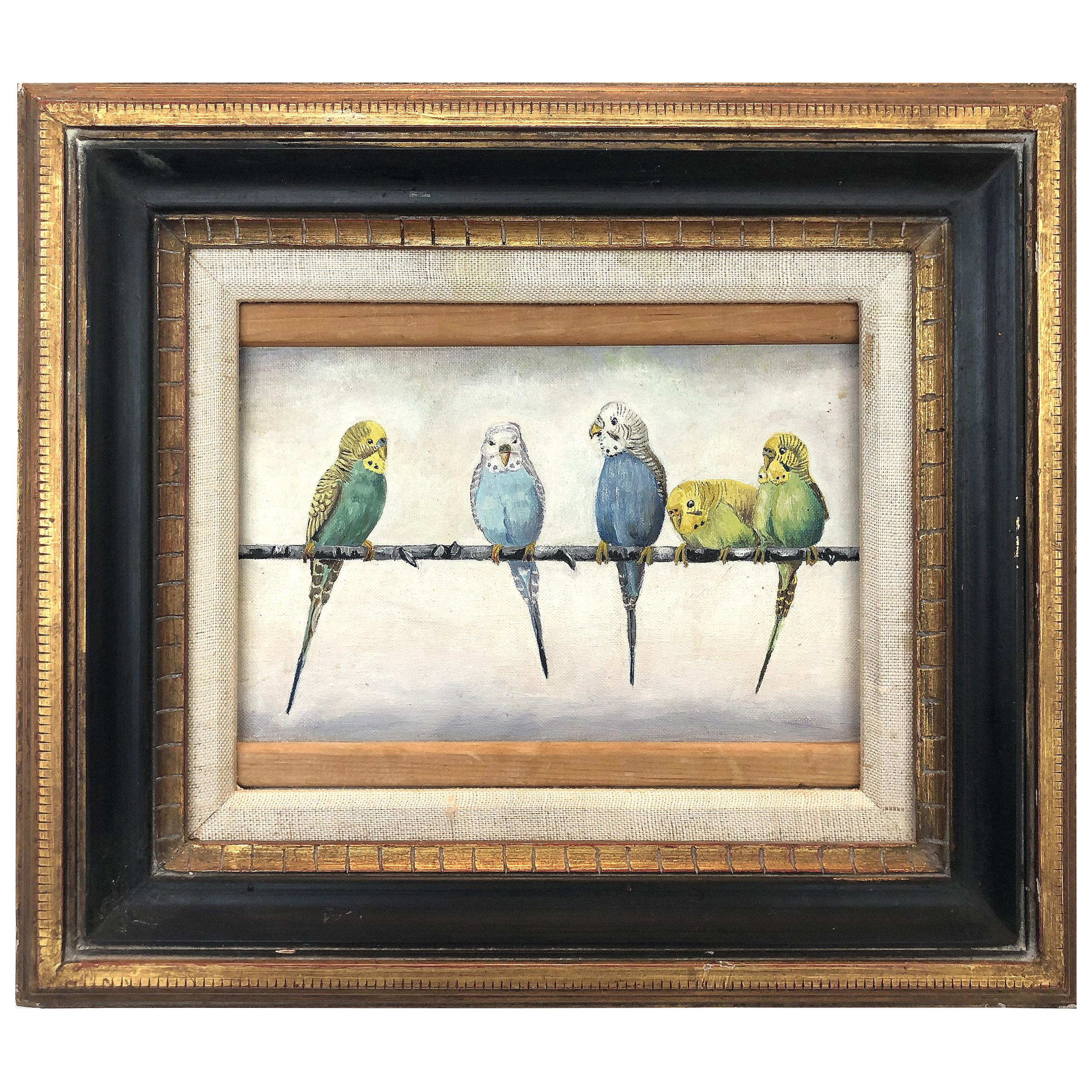 Vintage Detailed Oil Painting of Parakeets on a Wire For Sale at 1stDibs
