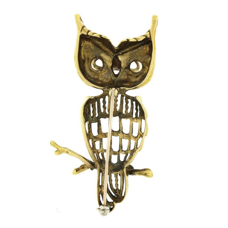Vintage Detailed Textured 18k Gold Yellow Enamel Wise Owl on Branch Pin ...