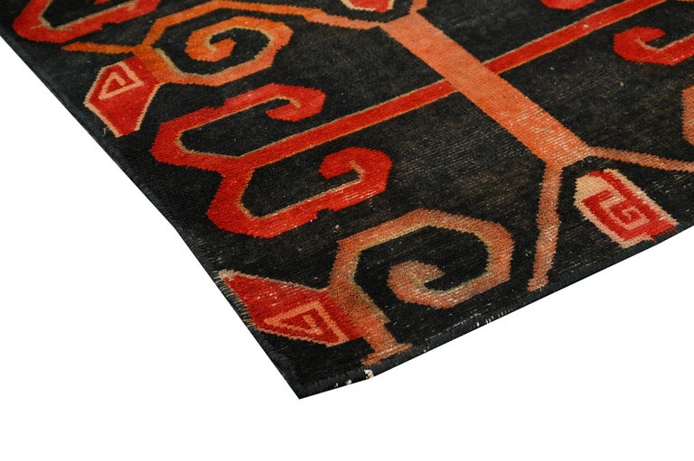 Vintage Dhurrie Flat Weave in Black with Red Geometric Patterns by Rug ...