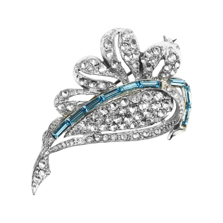 Vintage Diamante Leaf with Pave and Blue Baguette Brooch Circa 1960s ...