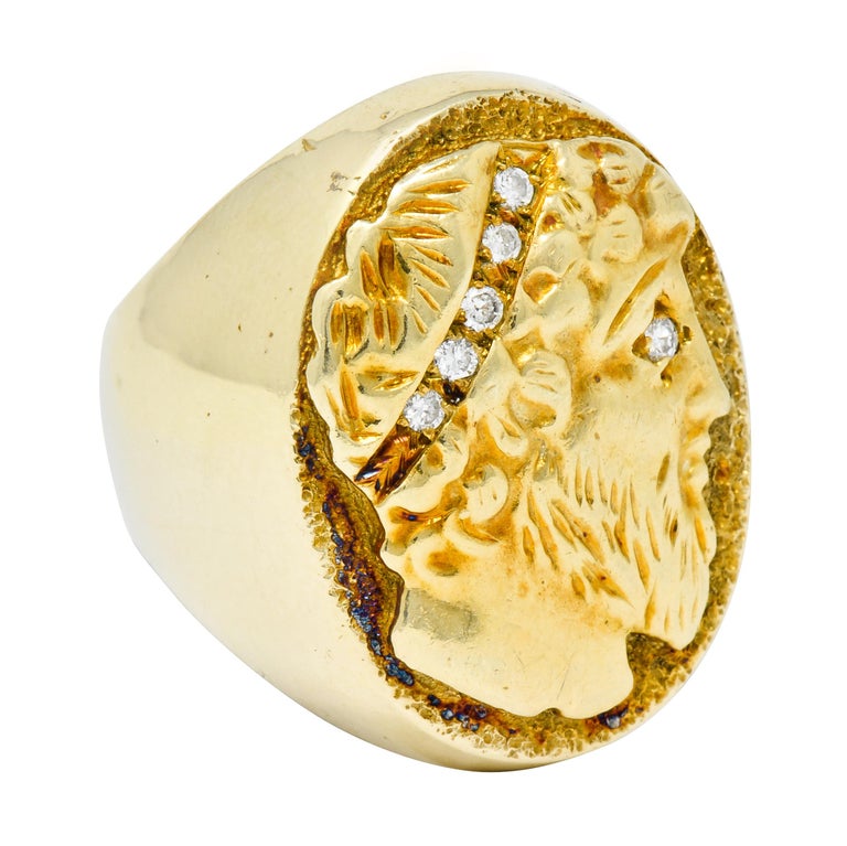 Vintage Diamond 14 Karat Gold Unisex Zeus Signet Ring For Sale at 1stDibs