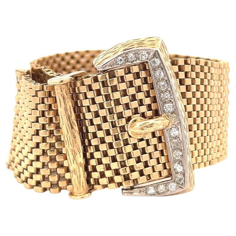 Vintage Diamond 14 Karat Yellow Gold Buckle Bracelet For Sale at 1stDibs