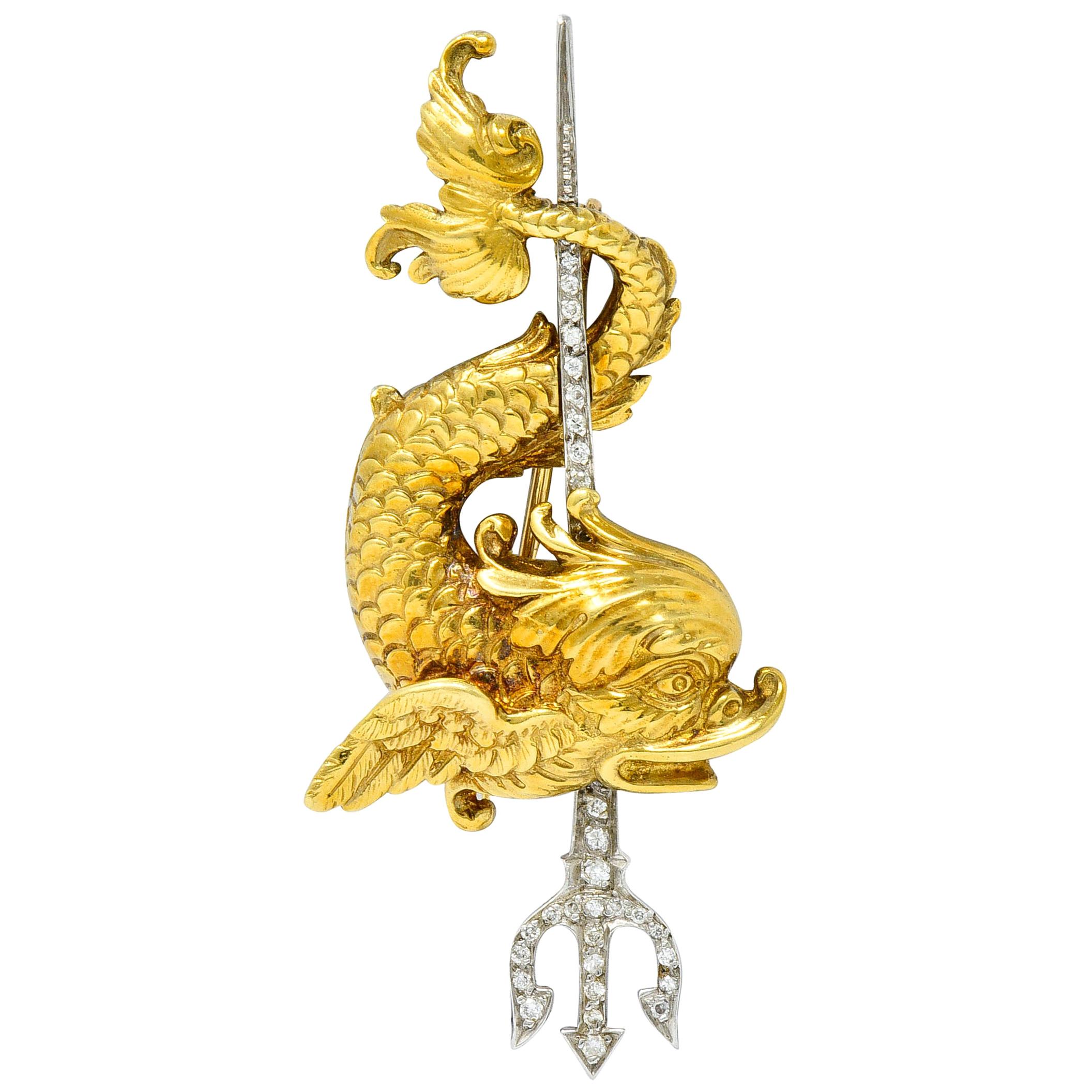 Vintage Diamond 18 Karat Two-Tone Gold Platinum Sea Serpent Brooch For ...