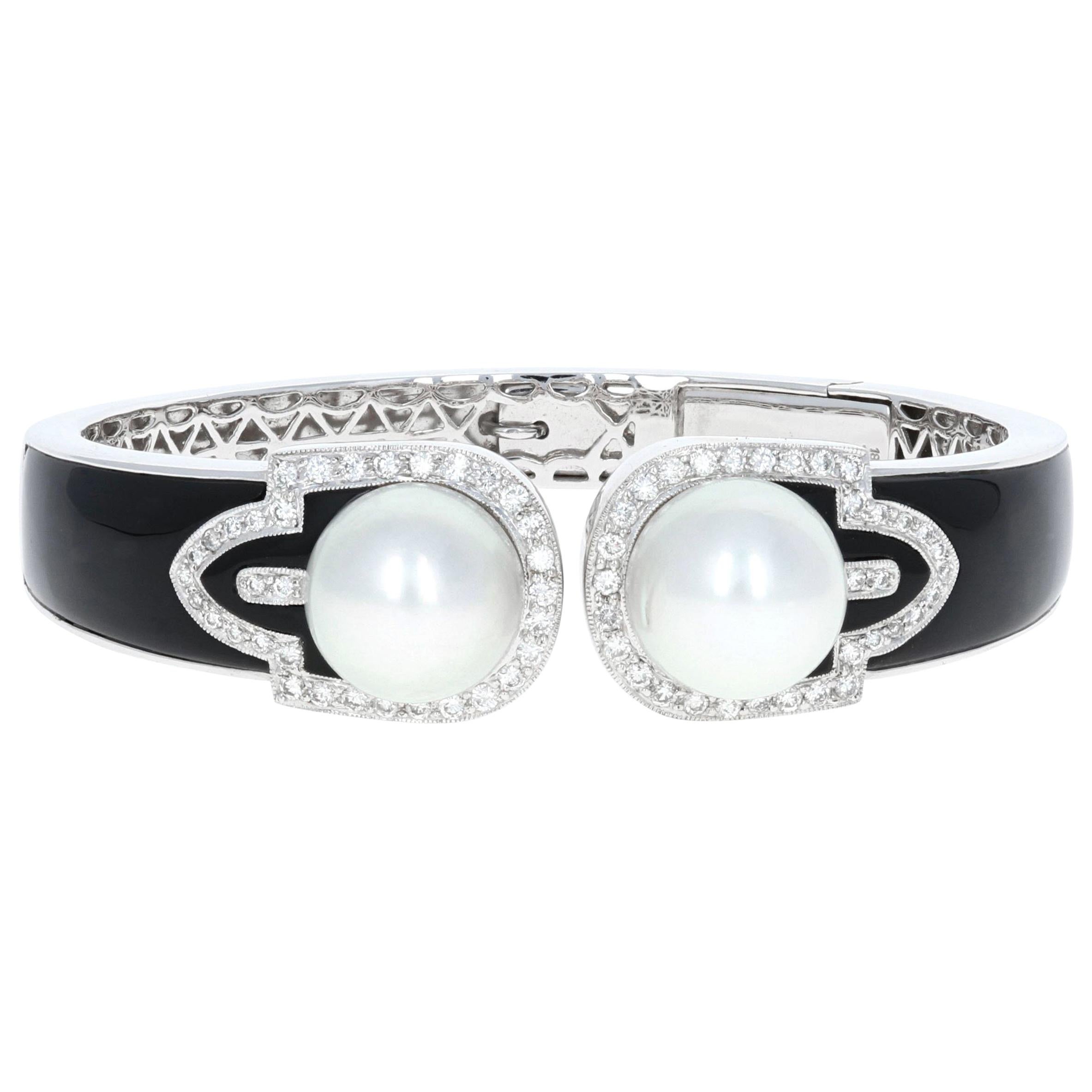 Vintage Diamond, 18 Karat White Gold and Pearl Bangle Cuff with Onyx at ...