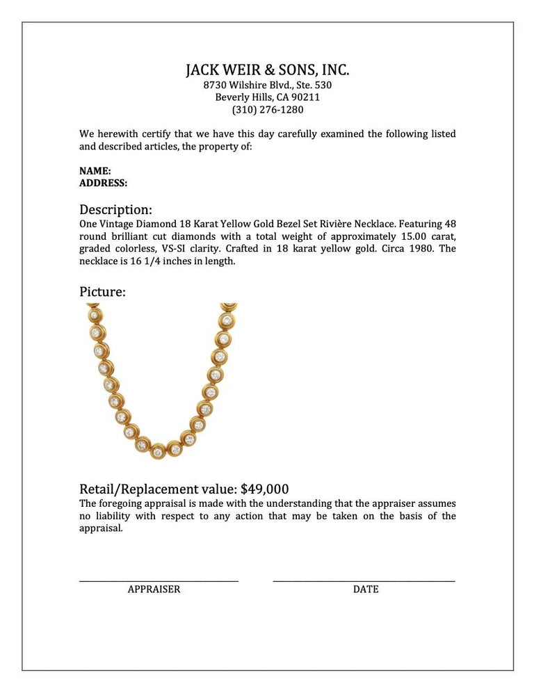 Vintage Diamond 18 Karat Yellow Gold Bezel Set Rivière Necklace For ...