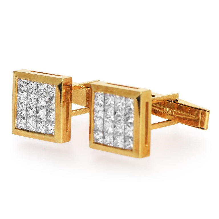 Vintage Diamond 18K Yellow Gold Square Invisible Set Cufflinks For Sale ...