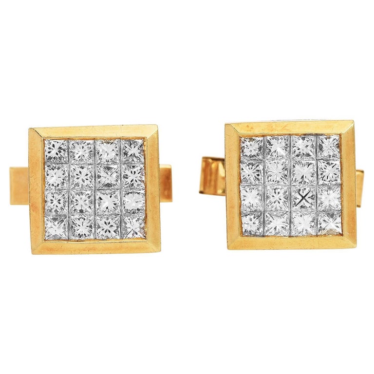 Vintage Diamond 18K Yellow Gold Square Invisible Set Cufflinks For Sale ...