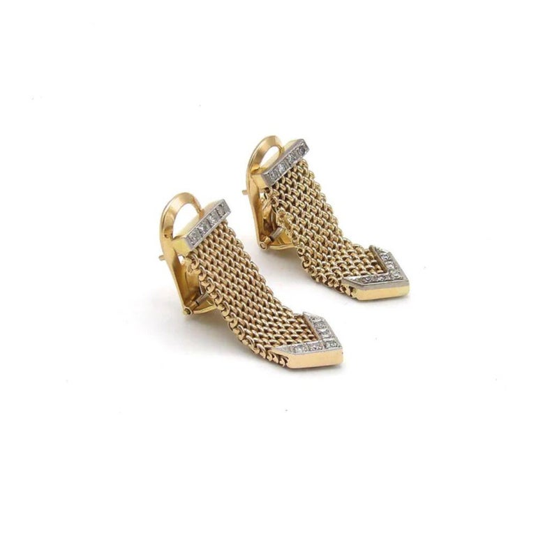 Vintage Diamond and 18K Gold Woven Mesh Earrings For Sale at 1stDibs