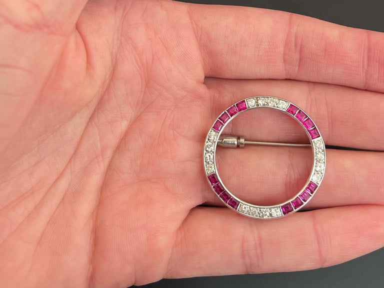 Vintage Diamond and Ruby Circle Brooch in Platinum For Sale at 1stDibs