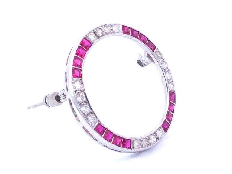 Vintage Diamond and Ruby Circle Brooch in Platinum For Sale at 1stDibs