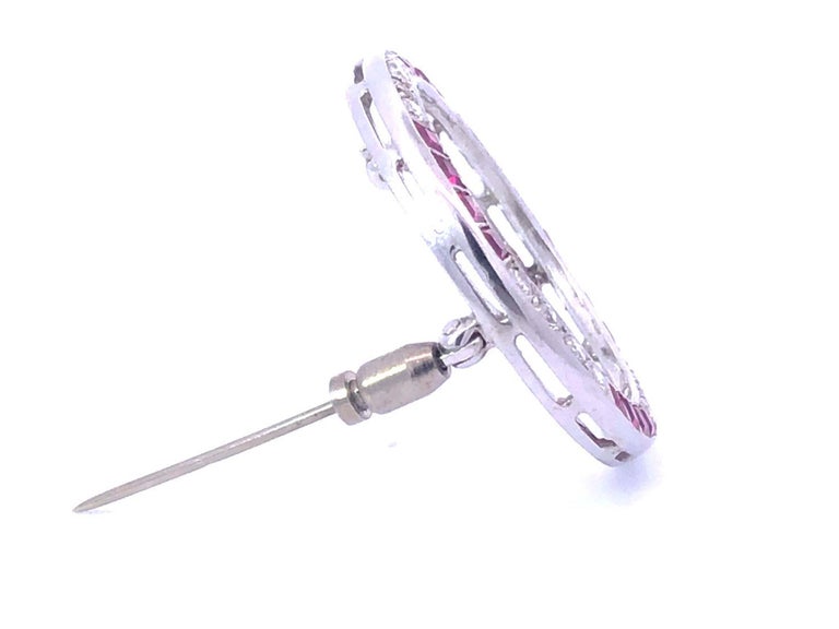 Vintage Diamond and Ruby Circle Brooch in Platinum For Sale at 1stDibs