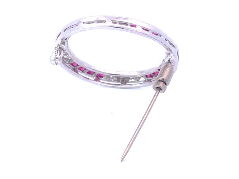 Vintage Diamond and Ruby Circle Brooch in Platinum For Sale at 1stDibs