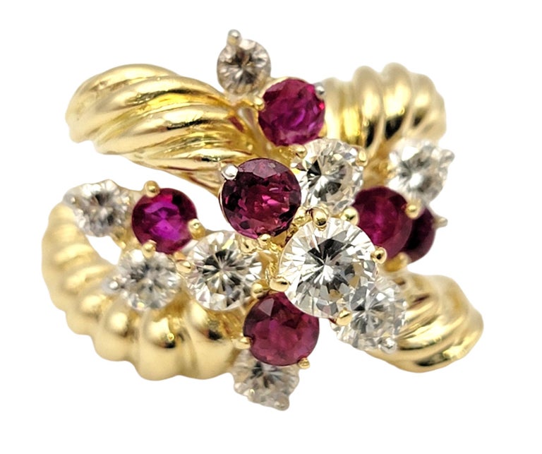 Vintage Diamond and Ruby Cluster Spray Ring 18 Karat Yellow Gold ...
