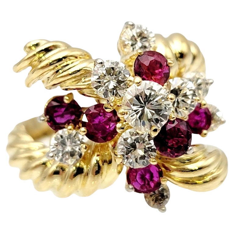 Vintage Diamond and Ruby Cluster Spray Ring 18 Karat Yellow Gold ...