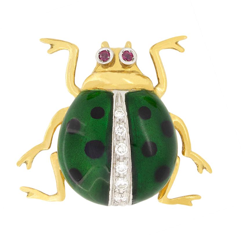 Vintage Diamond and Ruby Lady Bird Brooch Set, c.1970s For Sale at 1stDibs