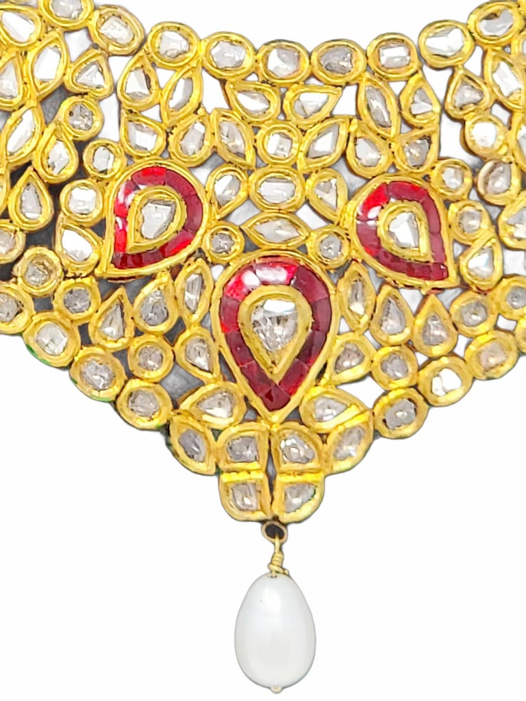 Vintage Diamond and Ruby Polki Bib Necklace with Pearl Drop in 18 Karat ...
