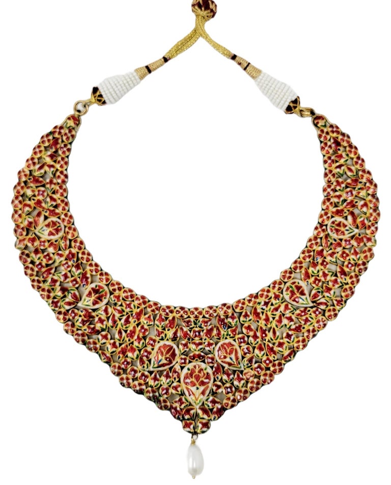 Vintage Diamond and Ruby Polki Bib Necklace with Pearl Drop in 18 Karat ...