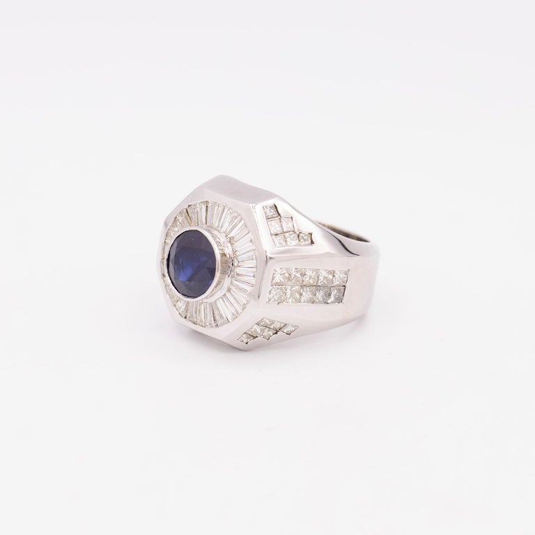 Vintage Diamond and Sapphire Gents Ring Set in 18k White Gold For Sale ...