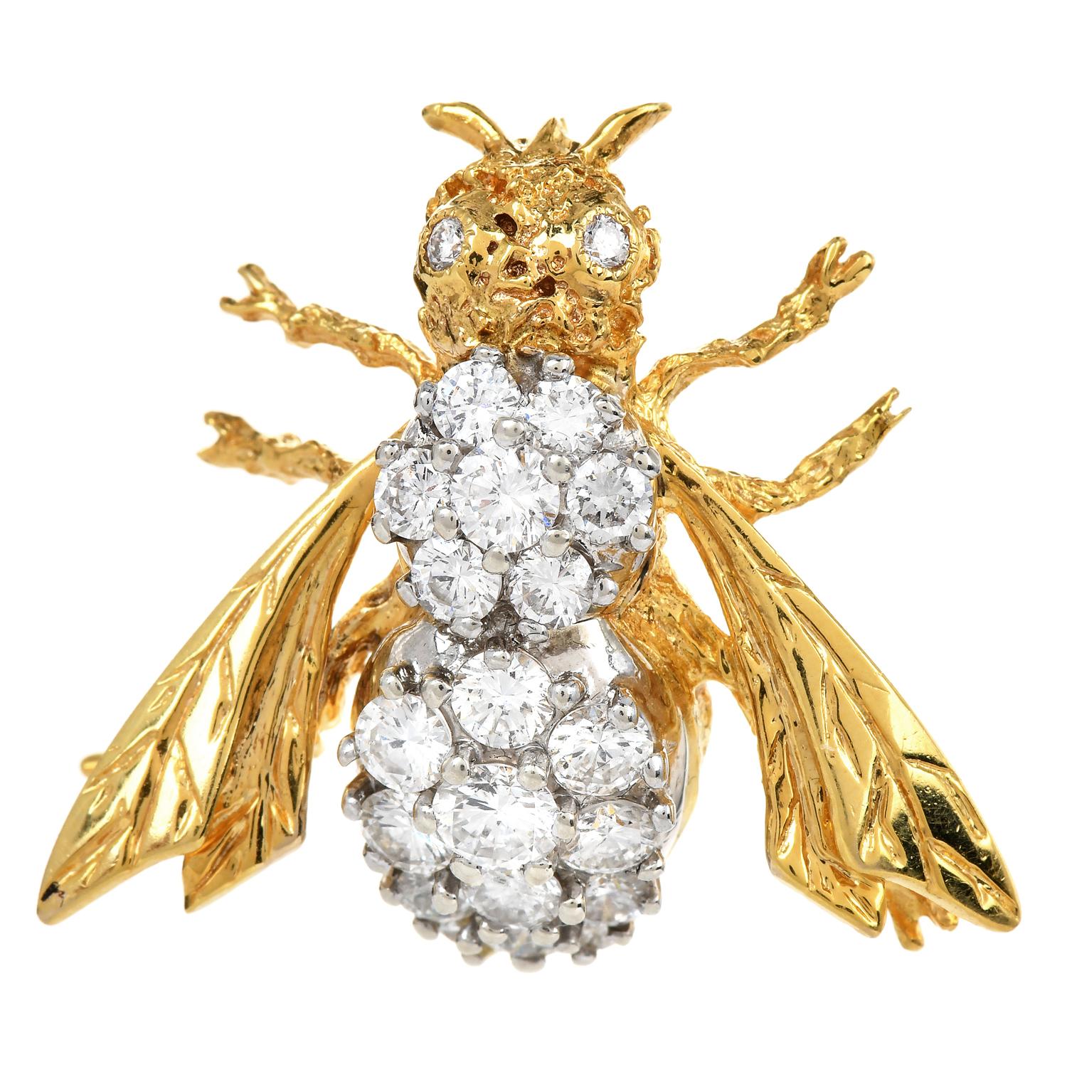 Vintage Diamond Bee 18K Gold Cluster Animal Brooch P For Sale at ...