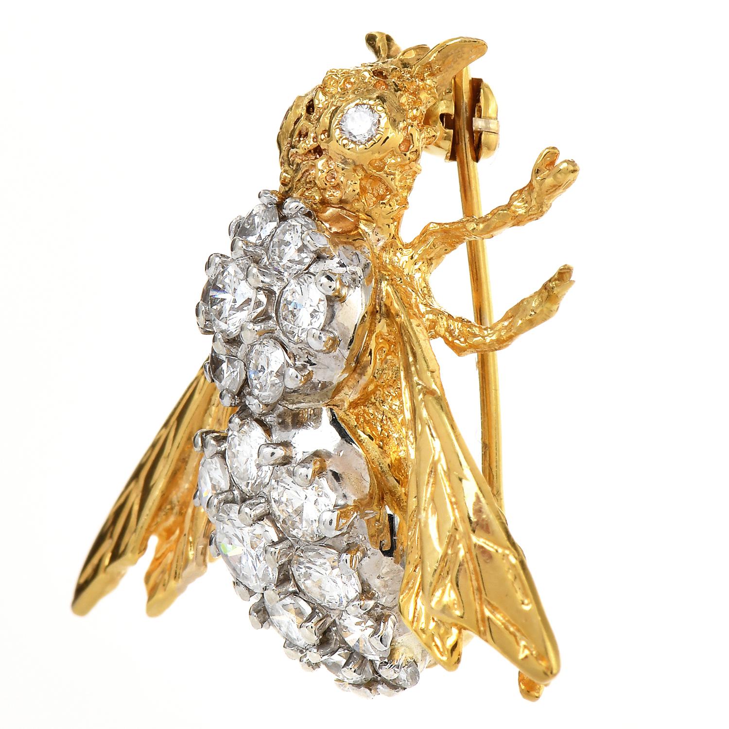Vintage Diamond Bee 18K Gold Cluster Animal Brooch P For Sale at ...