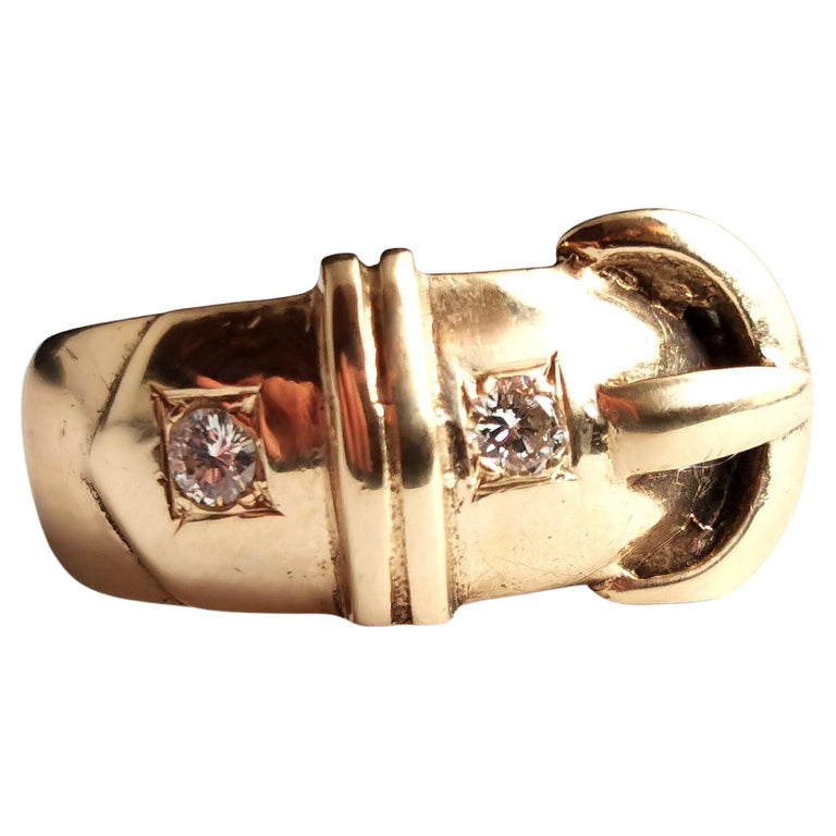 Vintage Diamond Buckle Ring, 9k Yellow Gold For Sale at 1stDibs