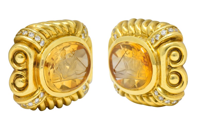 Vintage Diamond Citrine 18 Karat Gold Poseidon Intaglio Ear-Clip ...