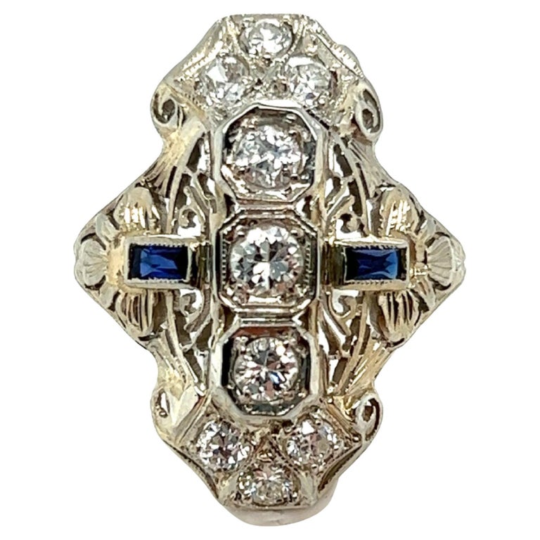 Vintage Diamond Cocktail Ring 1.05ct Transitional Cut and Sapphires 18K ...