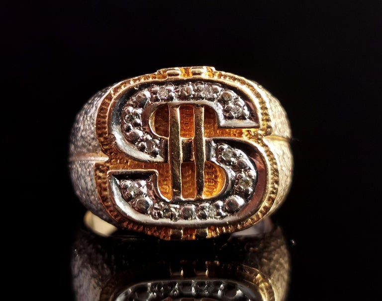 Vintage Diamond Dollar Sign Ring, Chunky 9 Karat Gold, Heavy at 1stDibs