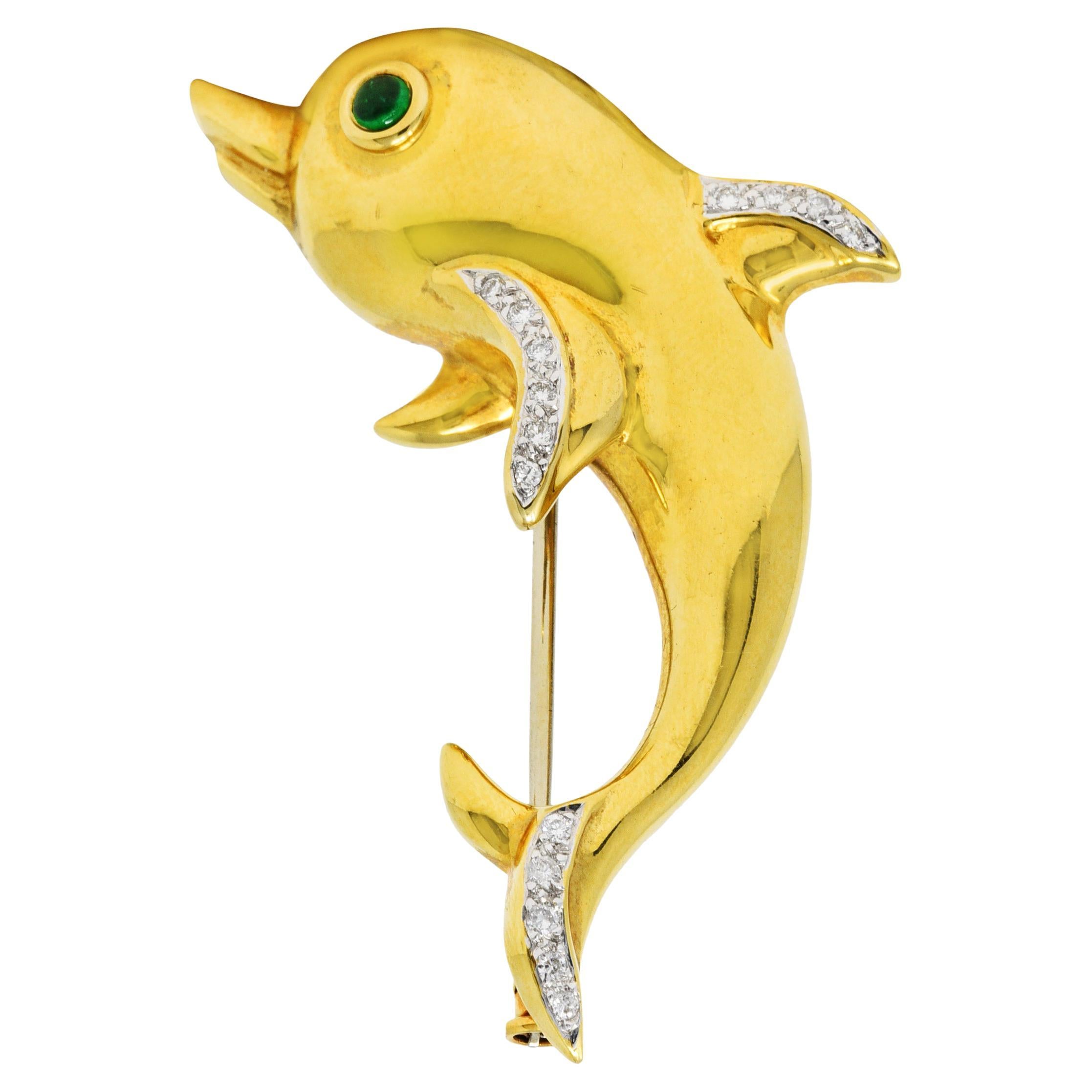 Vintage Diamond Emerald 18 Karat Two-Tone Gold Dolphin Brooch at 1stDibs