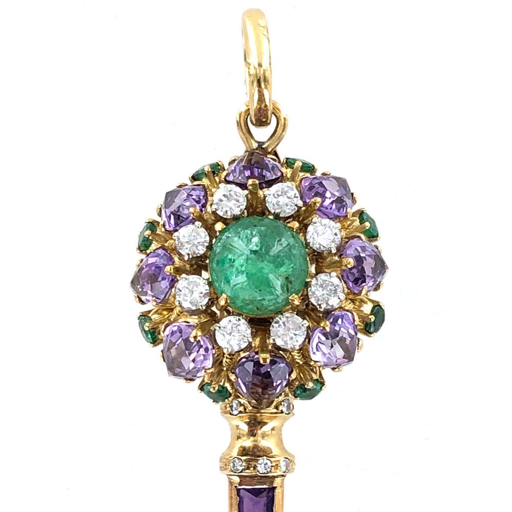 Vintage Diamond Emerald Amethyst 18 Karat Yellow Gold Key Pendant at ...