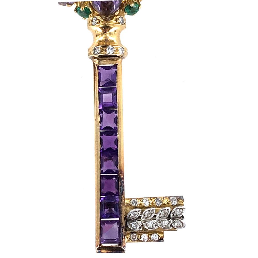 Vintage Diamond Emerald Amethyst 18 Karat Yellow Gold Key Pendant at ...