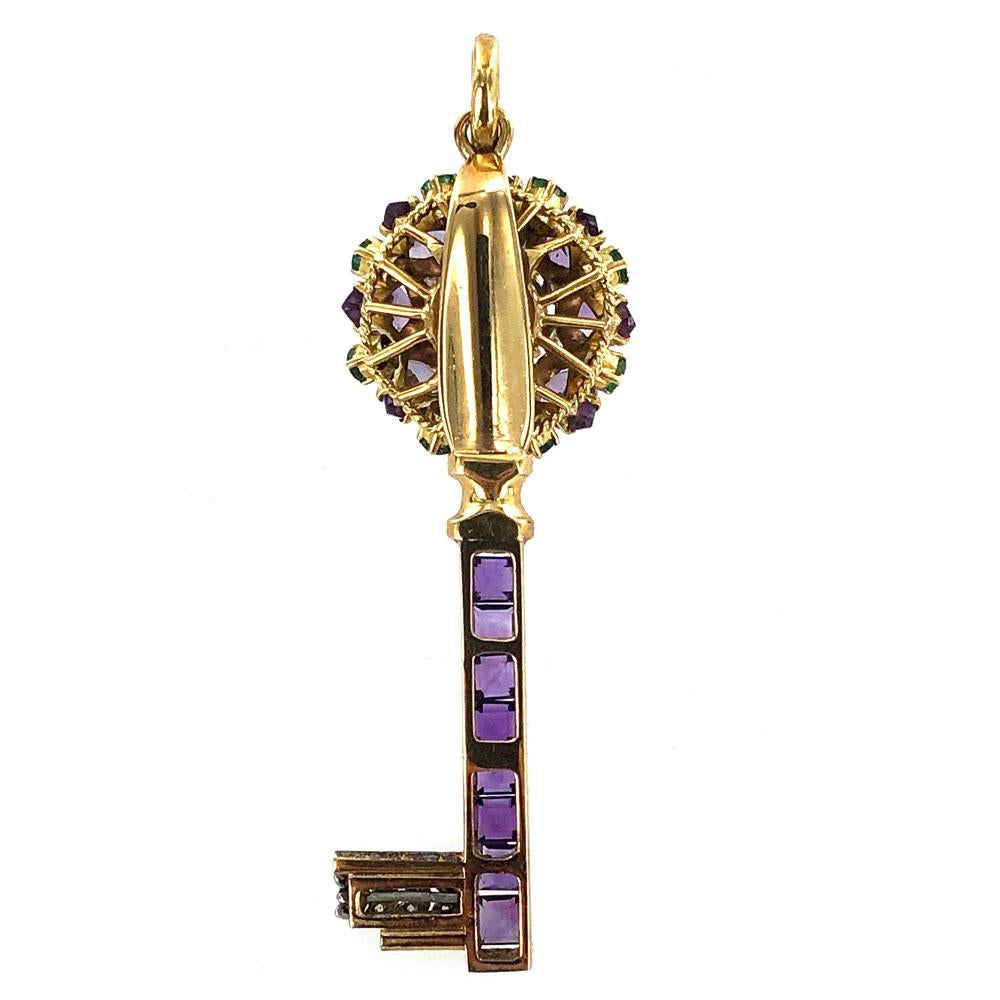 Vintage Diamond Emerald Amethyst 18 Karat Yellow Gold Key Pendant at ...
