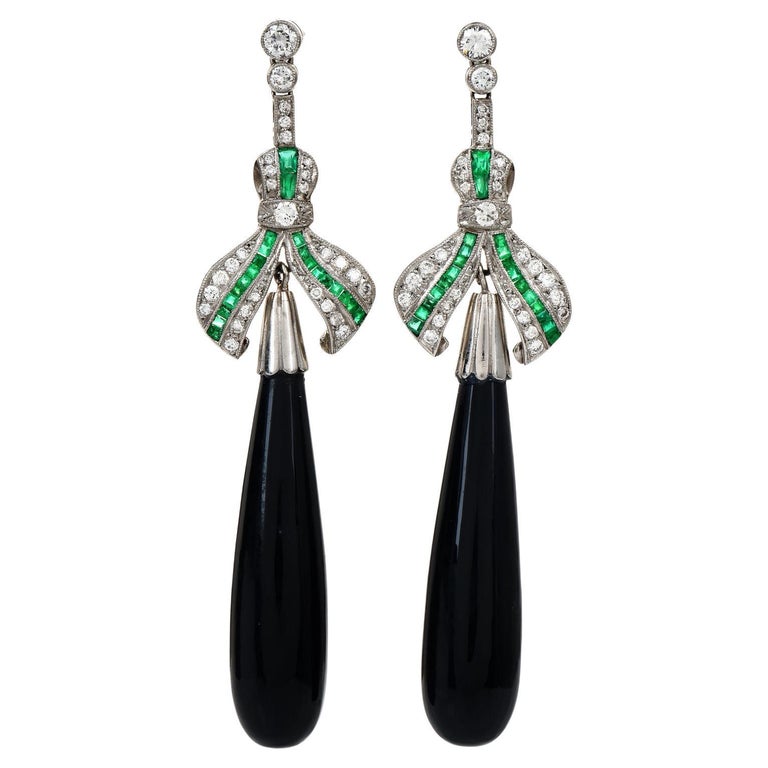 Vintage Diamond Emerald Onyx Platinum Ribbon Long Drop Dangle Earrings ...