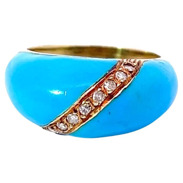 Vintage Diamond Enamel 14 Karat Yellow Gold Dome Ring For Sale at 1stDibs