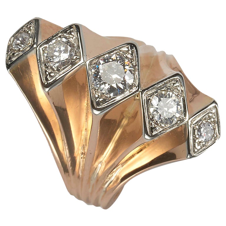 Vintage Diamond Five Row Fan Ring Gold, Circa 1940 For Sale at 1stDibs