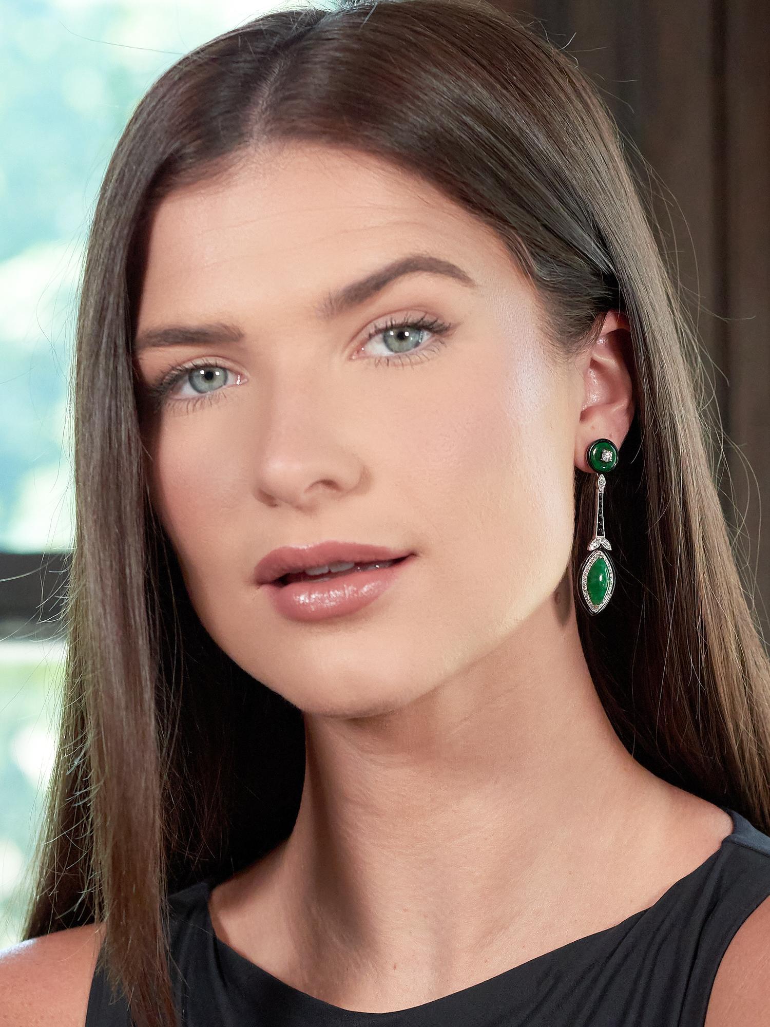 Vintage Diamond Jade Onyx Platinum Foliate Drop Earrings For Sale at 1stDibs