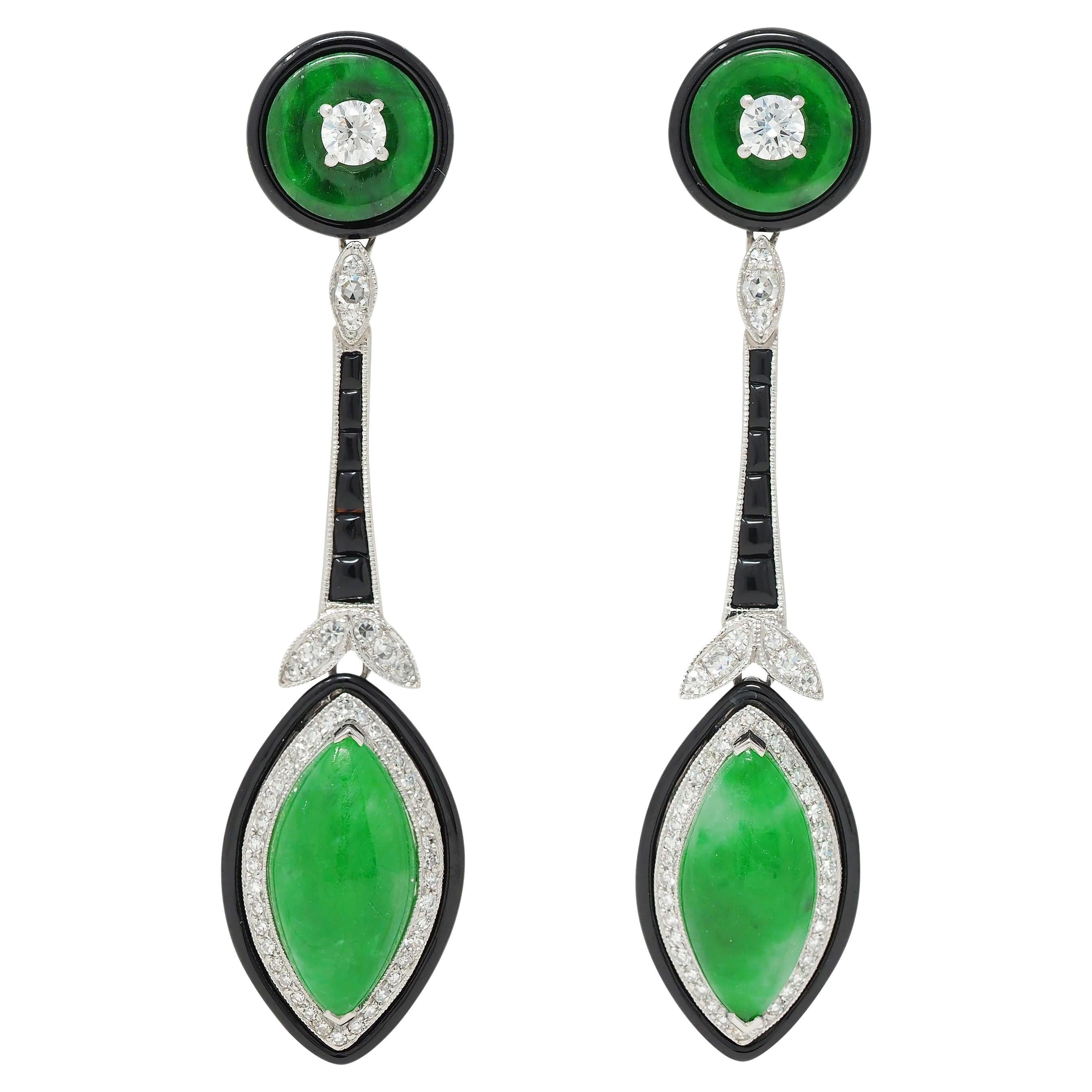 Vintage Diamond Jade Onyx Platinum Foliate Drop Earrings For Sale at ...